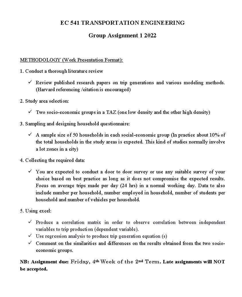 EC 541 TRANSPORTATION ENGINEERING Group Assignment 1 | Chegg.com