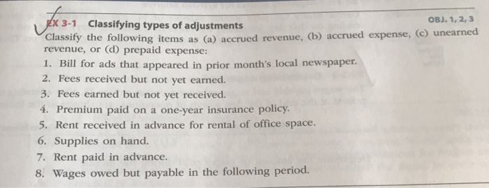 Solved OBJ. 1, 2, 3 3-1 Classifying types of adjustments | Chegg.com