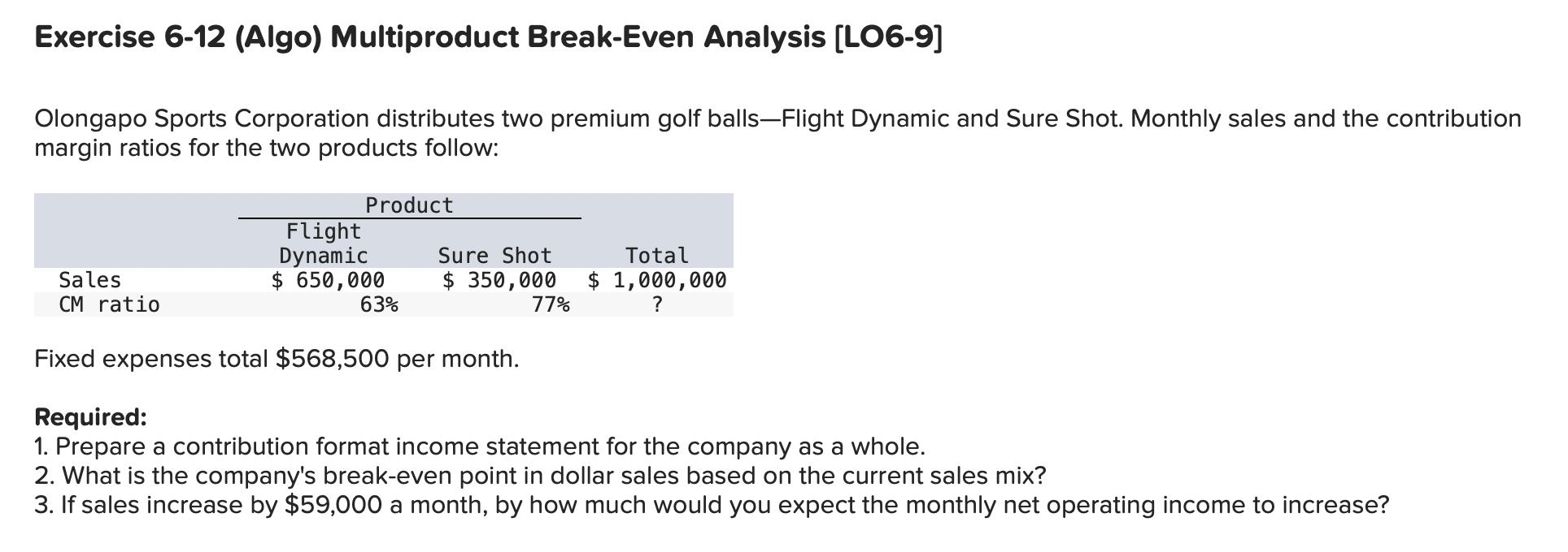 Solved Exercise 6-12 (Algo) Multiproduct Break-Even Analysis | Chegg.com Solved Exercise 6-12 (Algo) Multiproduct Break-Even Analysis | Chegg.com