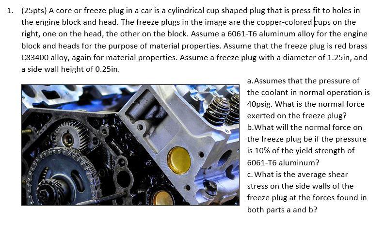 Solved 1. (25pts) A core or freeze plug in a car is a | Chegg.com