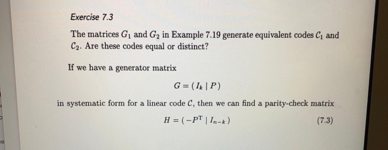 Exercise 7.3 The matrices G1 and G2 in Example 7.19 | Chegg.com