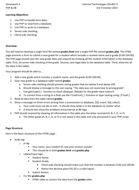 Solved Homework 4 PHP \& DB Internet Technologies 501461-3 | Chegg.com