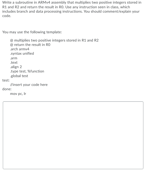 Solved Write a subroutine in ARMv4 assembly that multiplies | Chegg.com