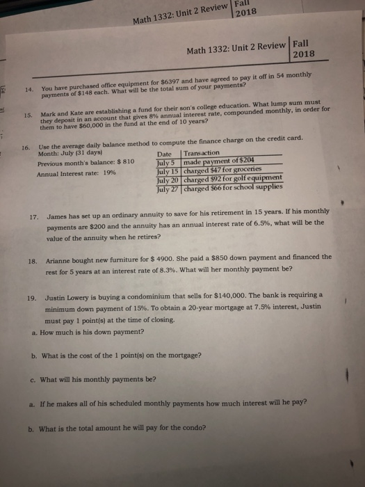 Solved 2018 Math 1332: Unit 2 Review Fall Math 1332: Unit 2 | Chegg.com
