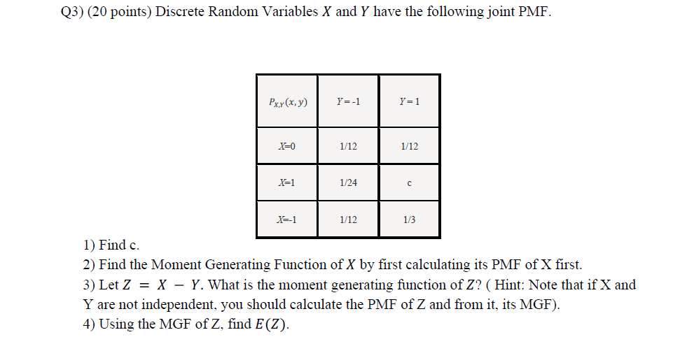 Solved Q3) (20 points) Discrete Random Variables X and Y | Chegg.com