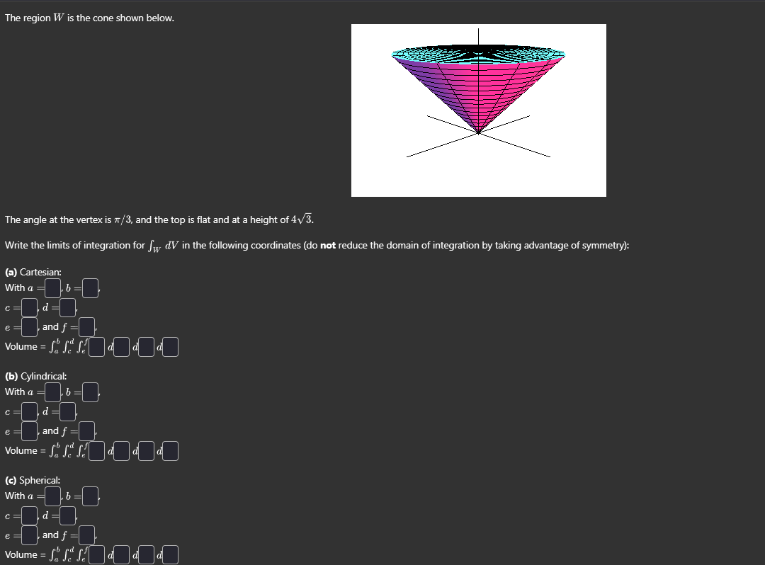 Solved The region W is the cone shown below. | Chegg.com