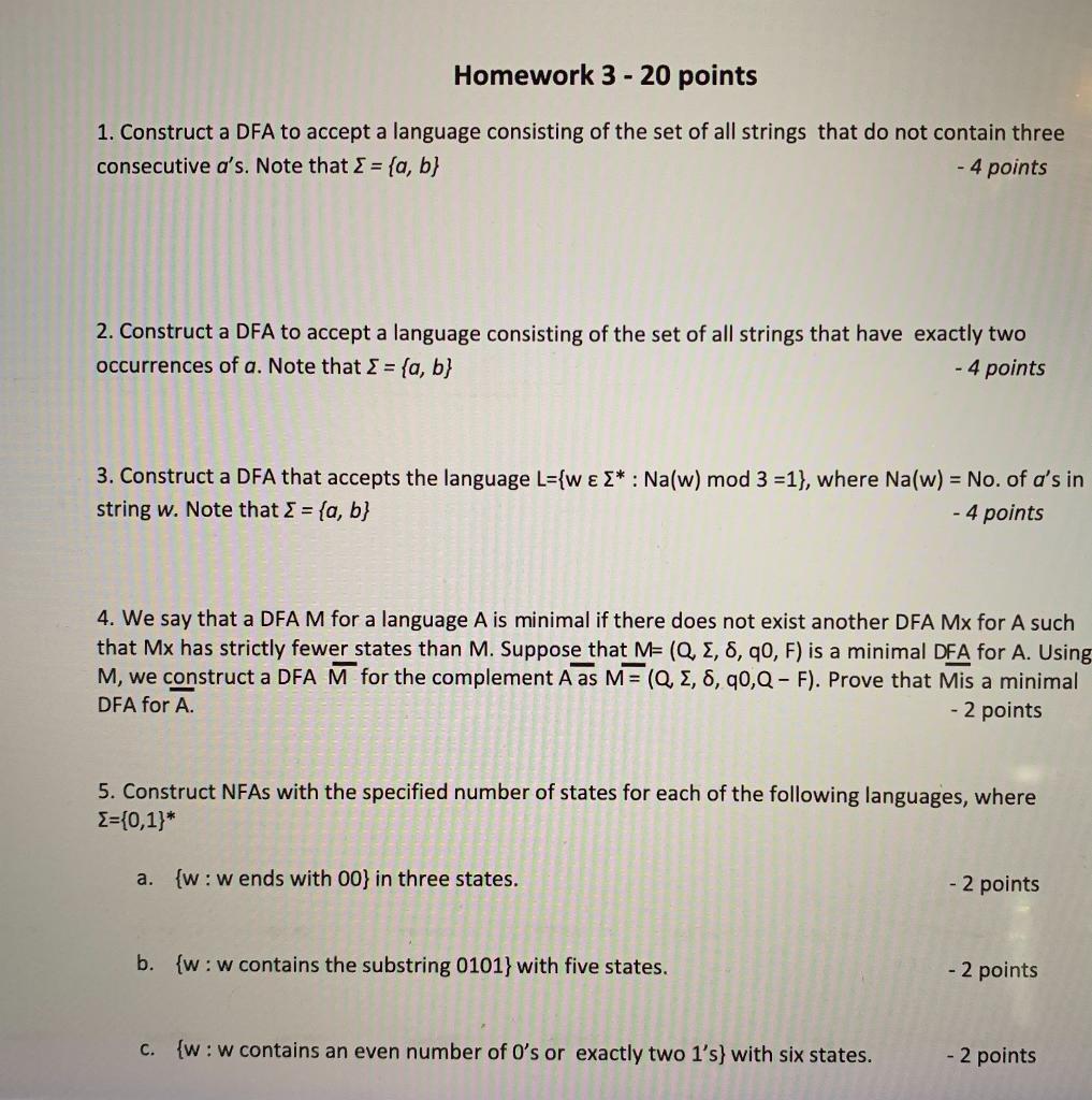 Solved 1. Construct a DFA to accept a language consisting of | Chegg.com