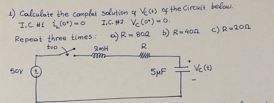 Solved 1) Calculate the complet solution of VC(t) of the | Chegg.com