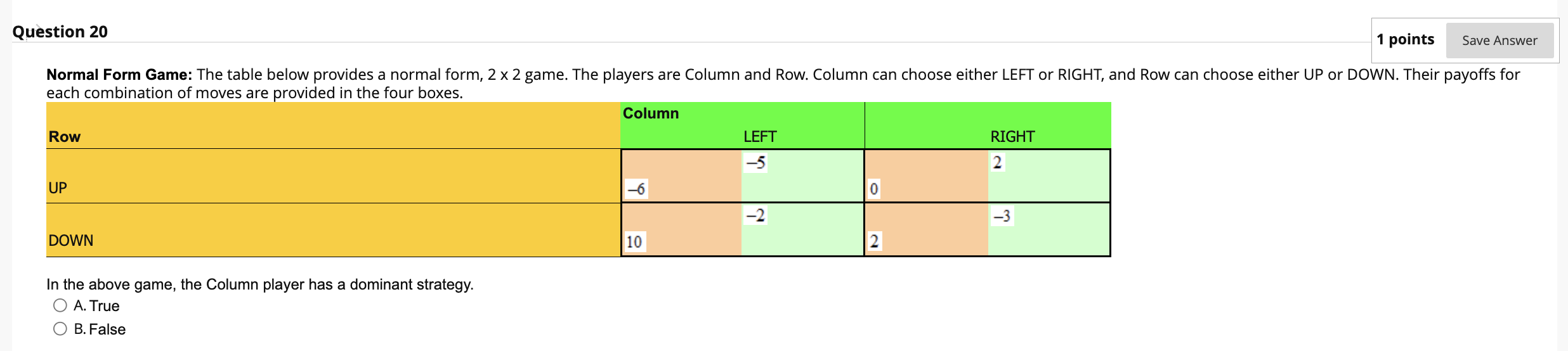 Solved In the above game, the Column player has a dominant | Chegg.com