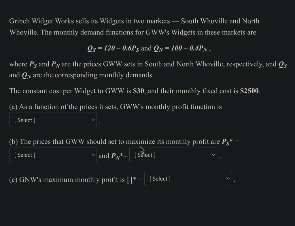 Solved Grinch Widget Works sells its Widgets in two markets | Chegg.com