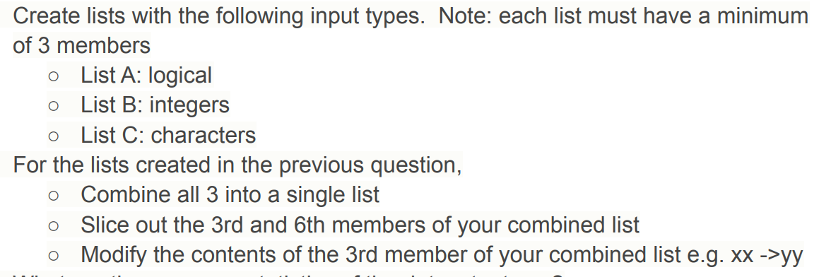 Solved Create lists with the following input types. Note: | Chegg.com