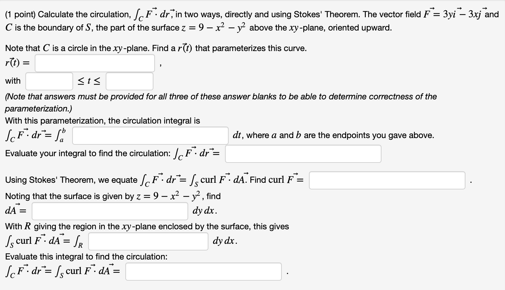 Solved (1 point) Calculate the circulation, ScF.dr, in two | Chegg.com
