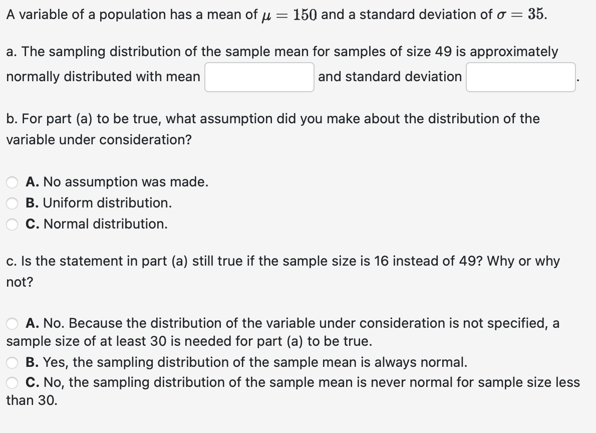 Solved A variable of a population has a mean of μ=150 and a | Chegg.com