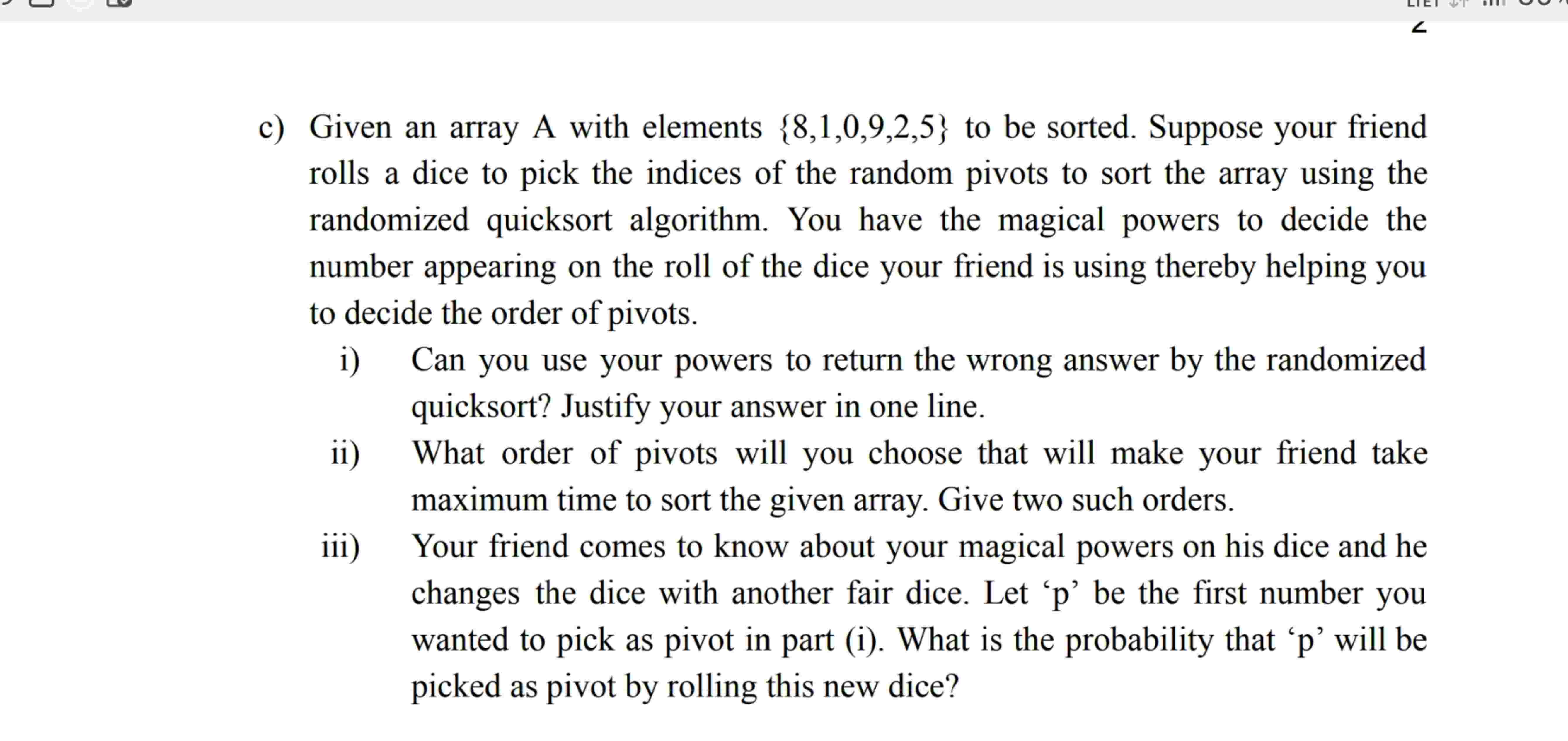 Solved c) ﻿Given an array A with elements | Chegg.com