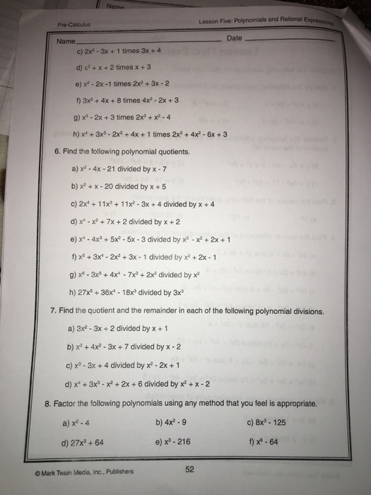 Solved Lesson Five: Polynomials and Rational Expressions | Chegg.com
