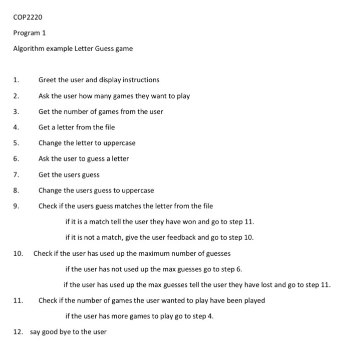 Solved COP2220 Program 1 Algorithm example Letter Guess game | Chegg.com
