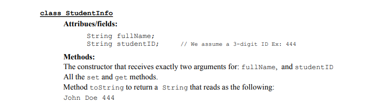 Solved class StudentInfo Attribues/fields: String fullName; | Chegg.com