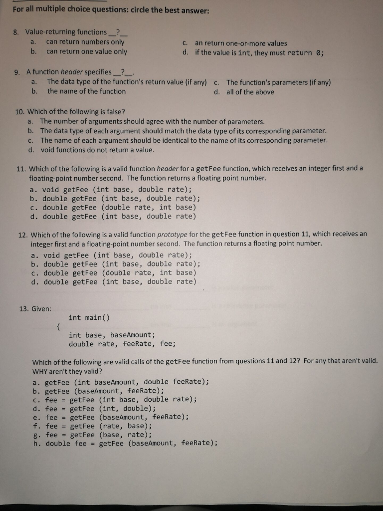 Solved For all multiple choice questions: circle the best | Chegg.com