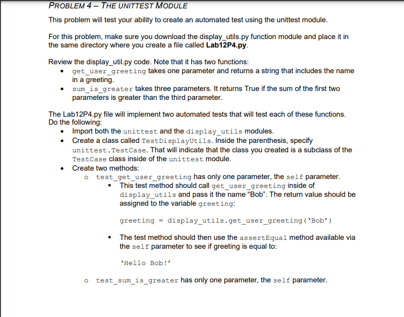 Solved Problem 4 The Unittest Module This Problem Will