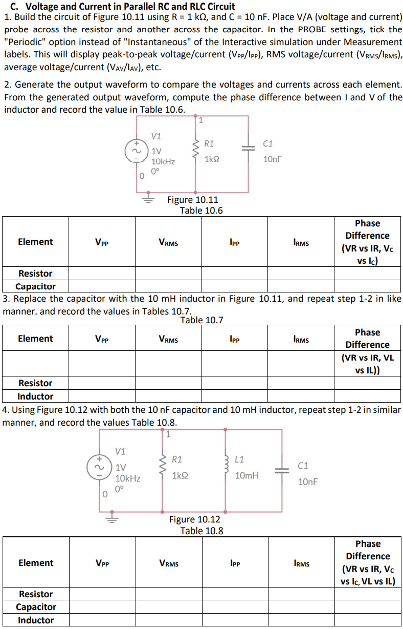 Solved C. Voltage and Current in Parallel RC and RLC Circuit | Chegg.com