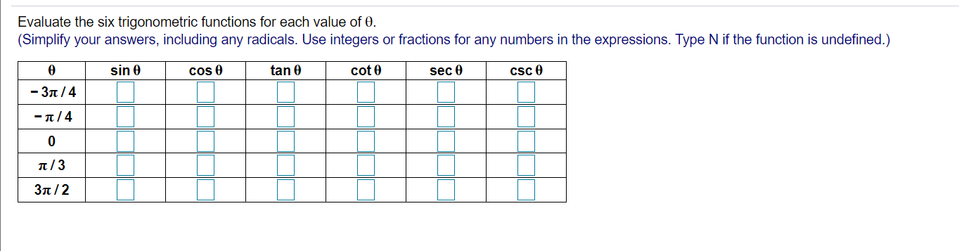 Solved Evaluate the six trigonometric functions for each | Chegg.com