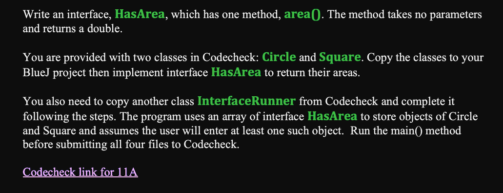 Solved Please help with HasArea.java, I have the | Chegg.com