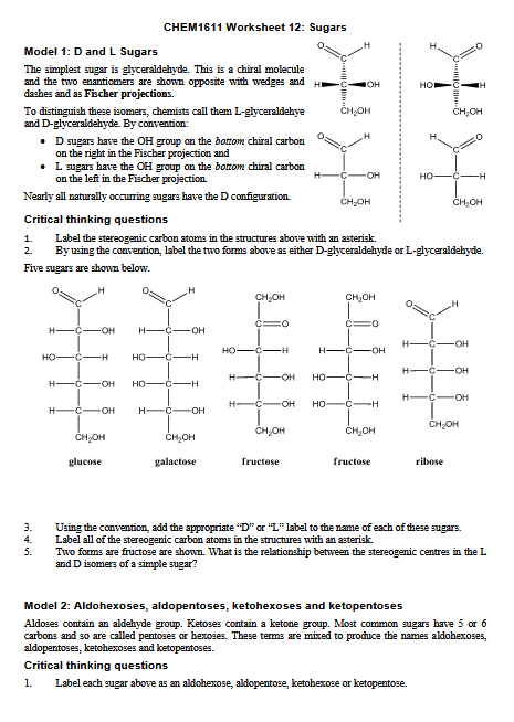 Solved CHEM1611 Worksheet 12: Sugars ІН H H Model 1: D and L | Chegg.com