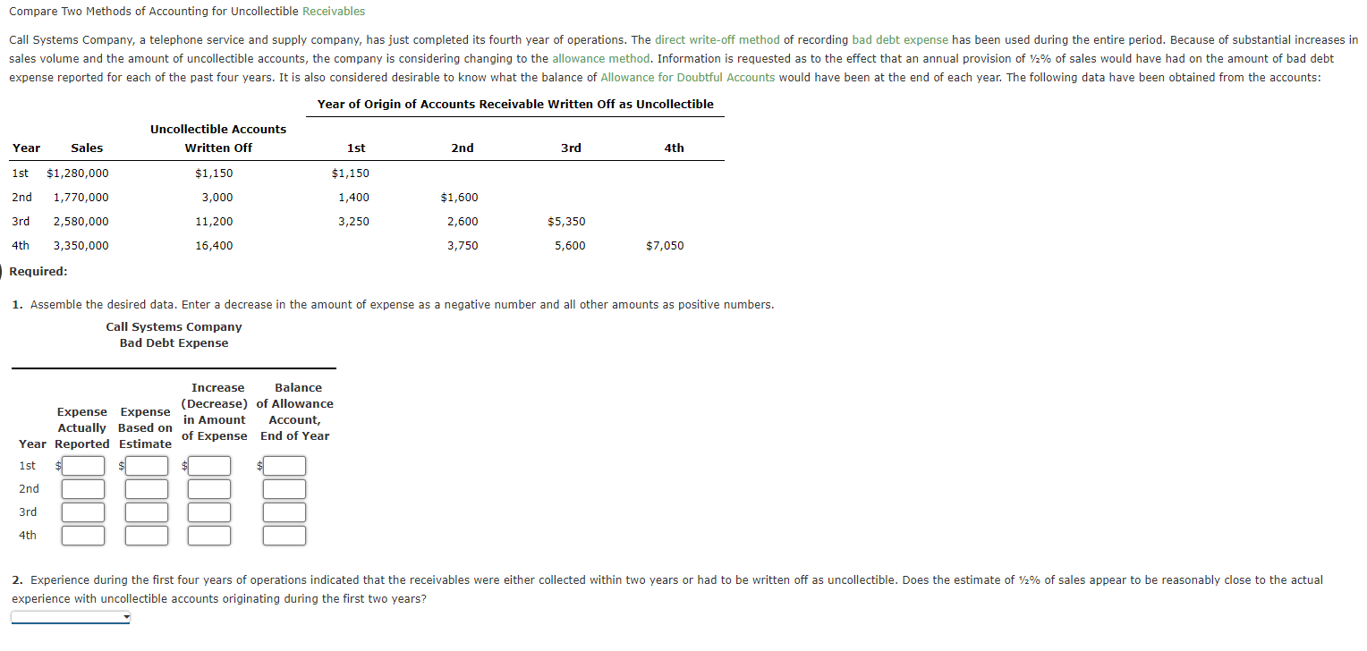 Solved Compare Two Methods of Accounting for Uncollectible | Chegg.com