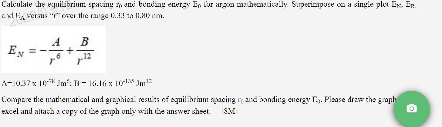 Calculate the equilibrium spacing ro and bonding | Chegg.com