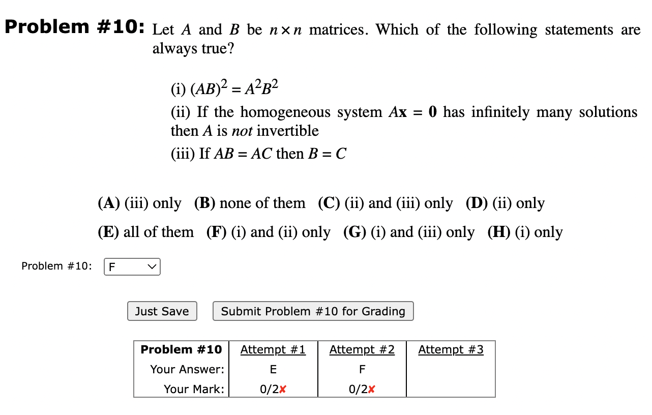 Solved Problem \# 10: Let A and B be n×n matrices. Which of | Chegg.com