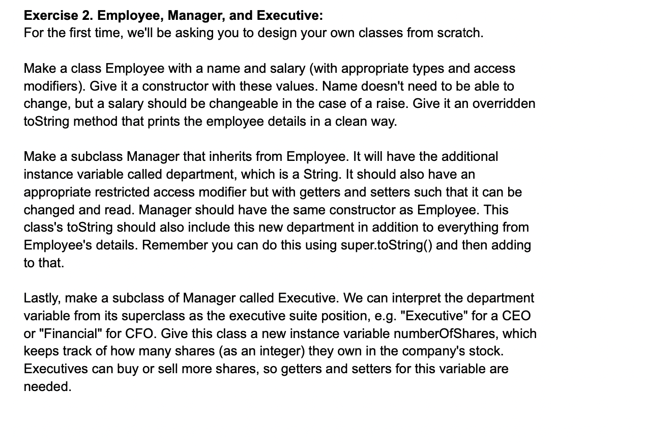 Solved Exercise 2. Employee, Manager, and Executive: For the | Chegg.com