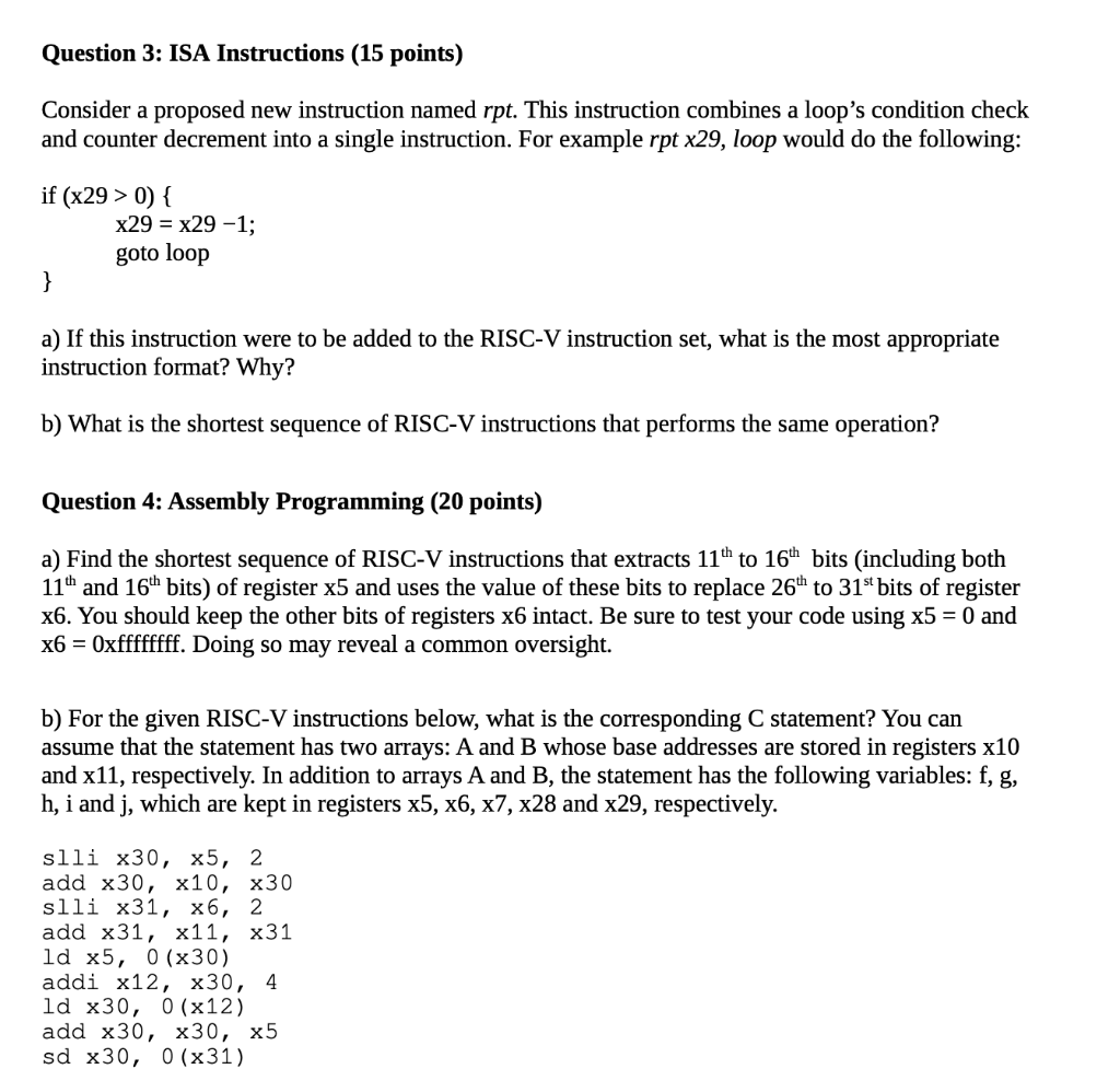 Solved Question 3: ISA Instructions (15 points) Consider a | Chegg.com