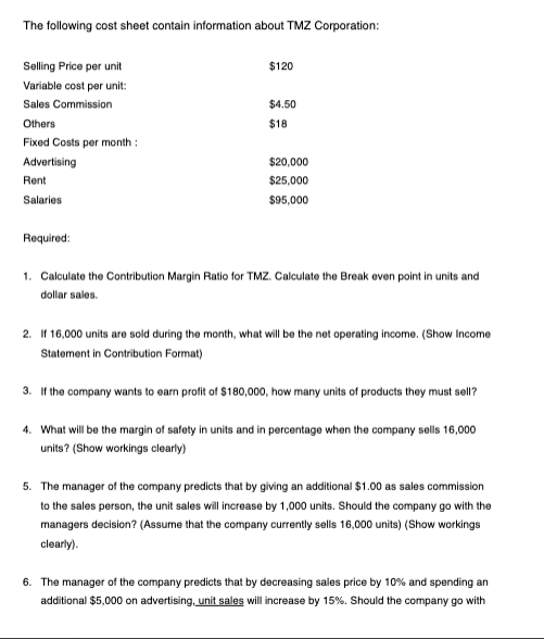 Solved The following cost sheet contain information about | Chegg.com