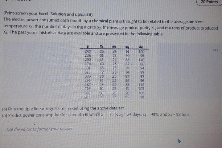 Solved 20 Points (Print-screen your Excel-Solution and | Chegg.com