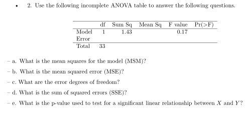 Solved - 2. Use the following incomplete ANOVA table to | Chegg.com