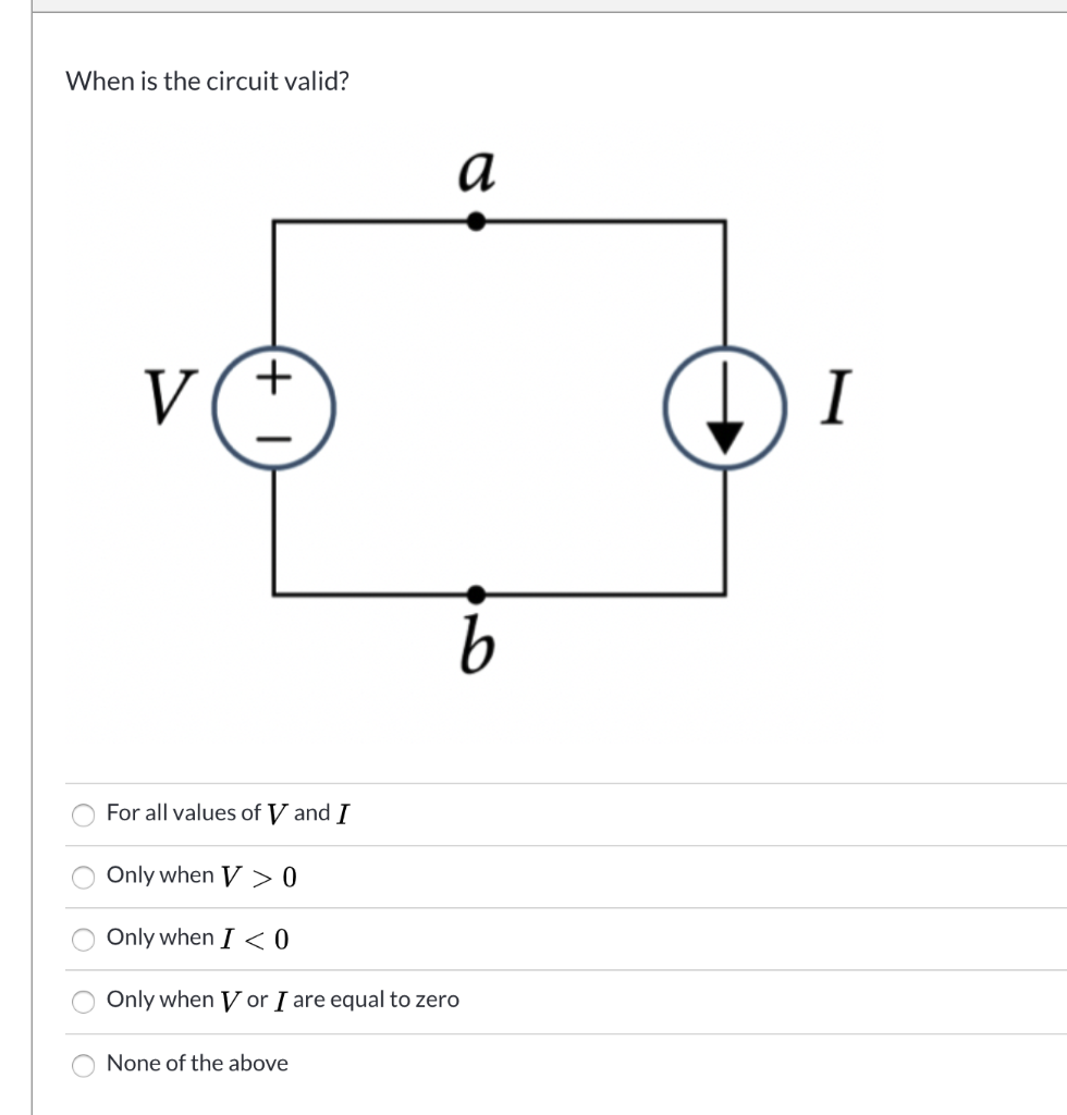 Solved When is the circuit valid? For all values of V and I | Chegg.com