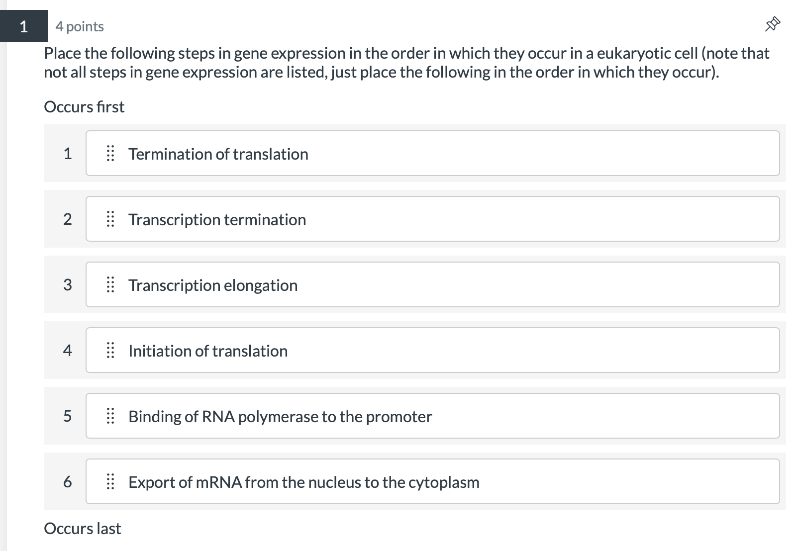 Solved 4 points Place the following steps in gene expression | Chegg.com
