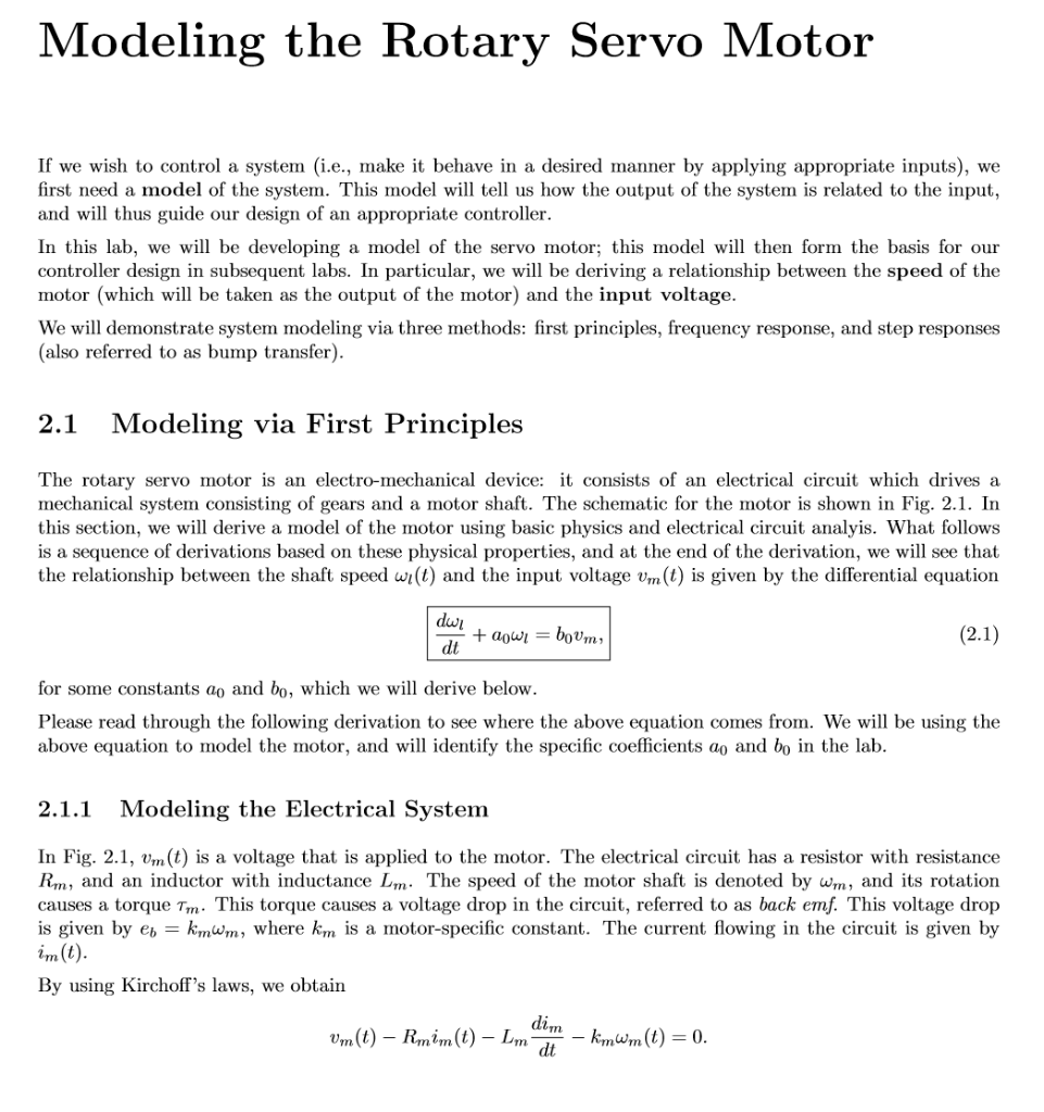 Modeling the Rotary Servo Motor If we wish to control | Chegg.com
