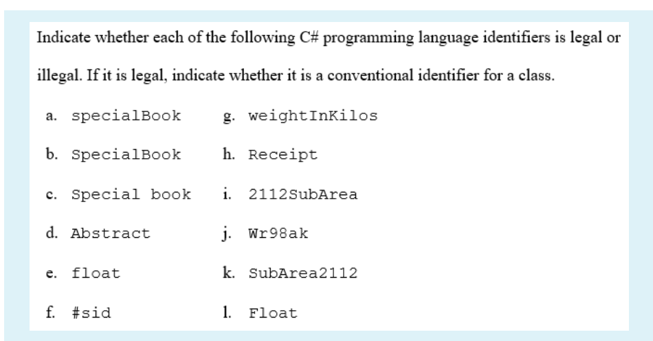 Solved Indicate whether each of the following C# programming | Chegg.com