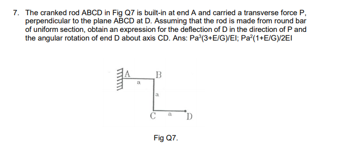 Solved 7. The cranked rod ABCD in Fig Q7 is built-in at end | Chegg.com