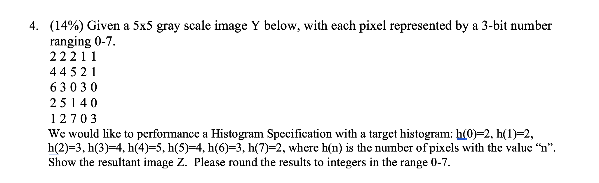 Solved a 4. (14%) Given a 5x5 gray scale image Y below, with | Chegg.com
