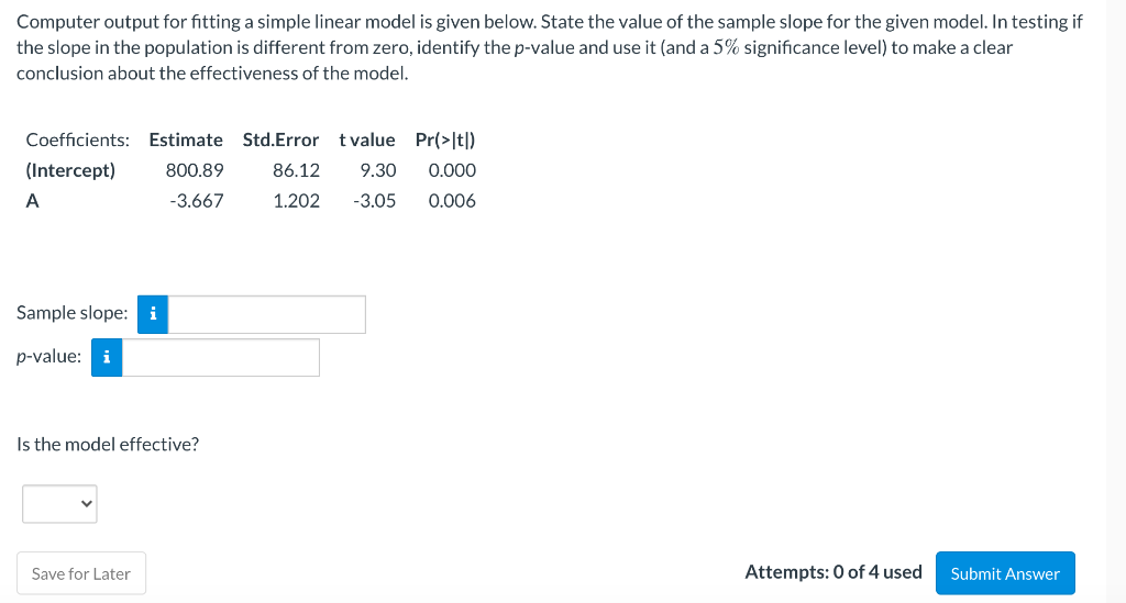 Solved Computer output for fitting a simple linear model is | Chegg.com