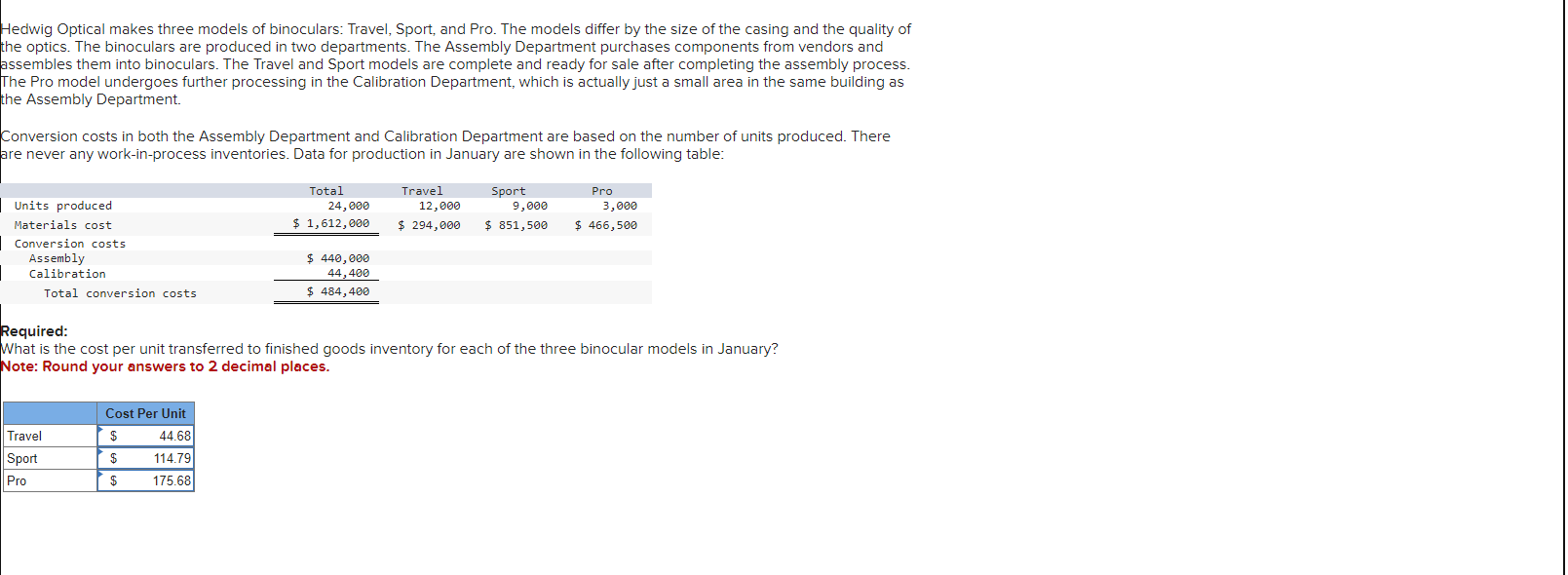Solved Hedwig Optical makes three models of binoculars: | Chegg.com