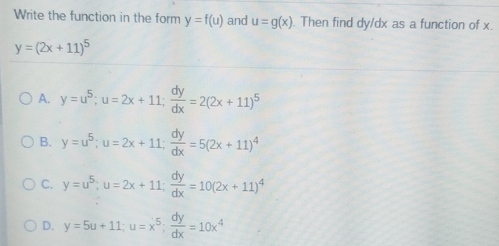Solved Write the function in the form y = f(u) and u = g(x). | Chegg.com