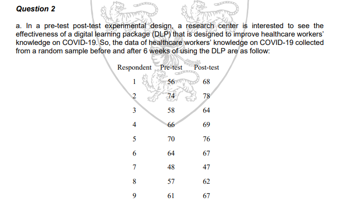 Solved Question 2 a. In a pre-test post-test experimental | Chegg.com