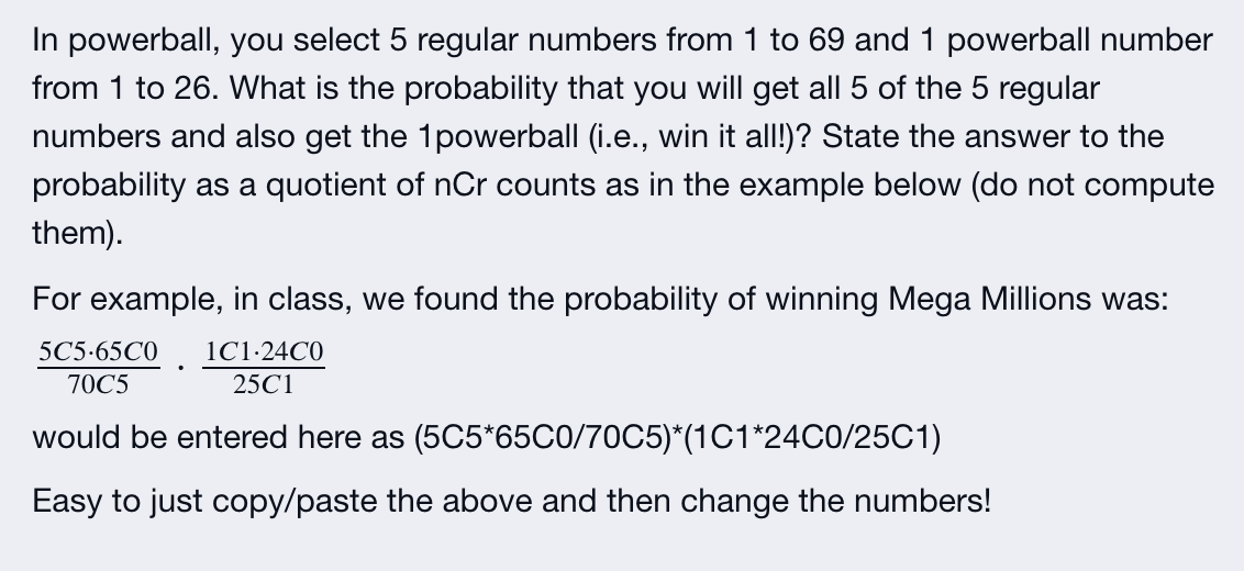 Solved In powerball, you select 5 regular numbers from 1 to | Chegg.com