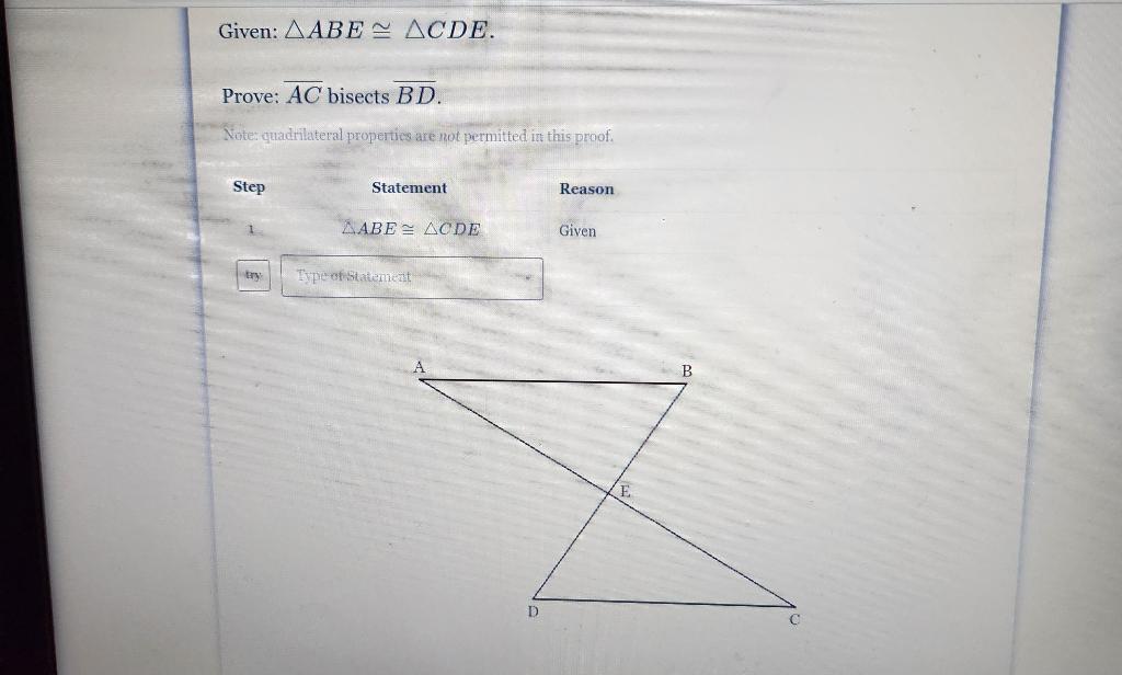 Solved Given: ABE≅ CDE Prove: AC bisects BD. Noter | Chegg.com