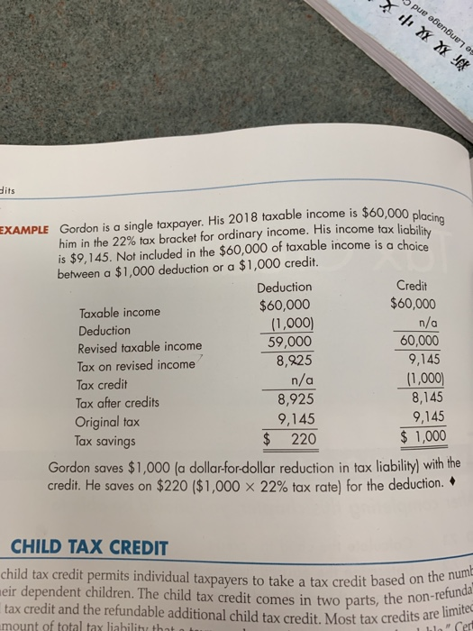 Solved dits EXAMPLE Gordon is a single taxpayer. His 2018 | Chegg.com
