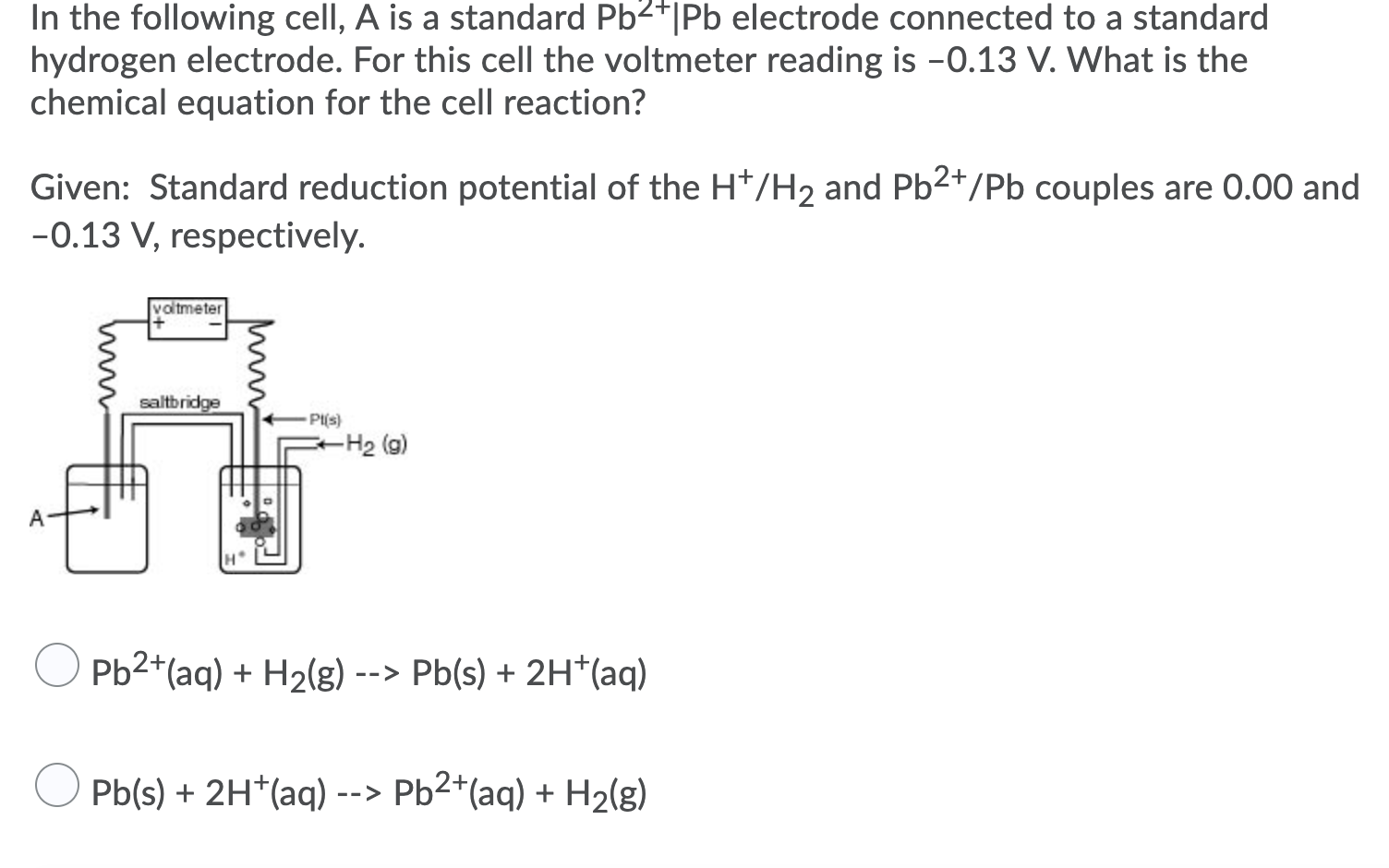 Solved In the following cell, A is a standard Pb2+|Pb | Chegg.com