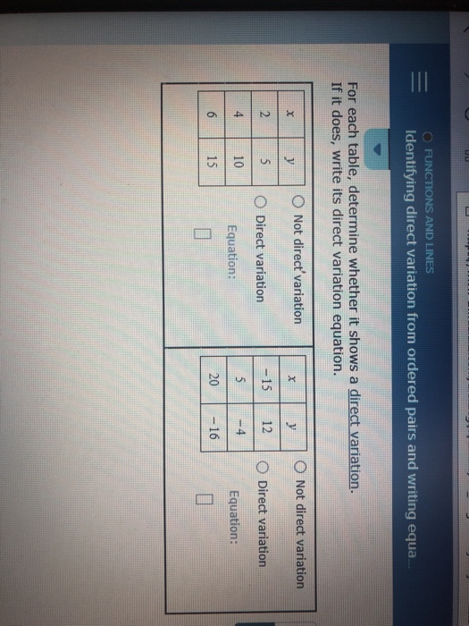 Solved O FUNCTIONS AND LINES Identifying direct variation | Chegg.com